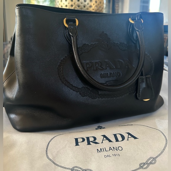 Prada | Bags | Prada Glace Calfskin Embossed Logo Tote Black | Poshmark